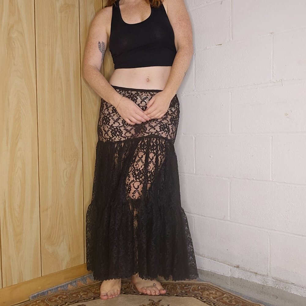 Vintage Sheer Black Lace Tiered Maxi Skirt - Gem